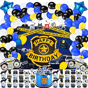 LXlucktim Police Birthday Party Supplies, 159 Pcs Police Cars Party Decorations for Girl Boy Baby - Backdrop, Cake, and Cupcake Toppers, Balloons, Cupcakes Wrappers, Hanging Swirls