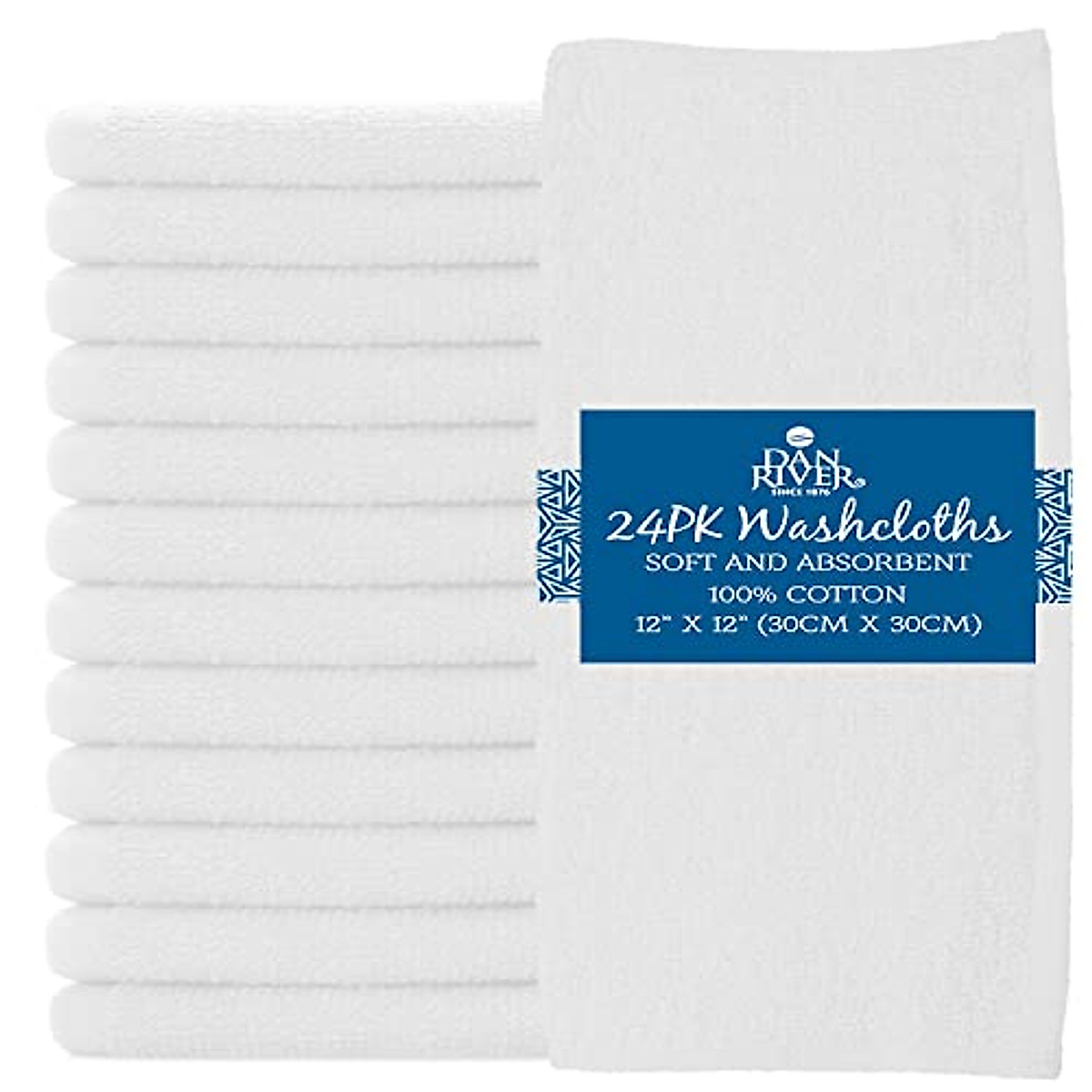 DAN RIVER 100% Cotton Washcloths 24 Pack Premium Quality Face and Body Cloth, Quick Dry and Highly Absorbent Essential Towels for Bathroom, Hand, Kitchen and Cleaning | 12x12 in | 400 GSM (White)