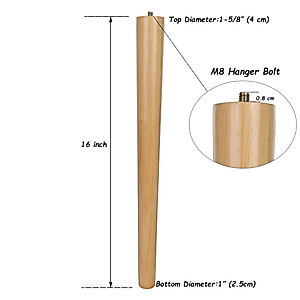 MEETWARM 16 inch Table Legs Wood Furniture Legs Tapered Round for Coffee End Tables Side Table Chair Mid-Century Modern DIY Furniture Leg Natural M8 Hanger Bolts, Set of 4