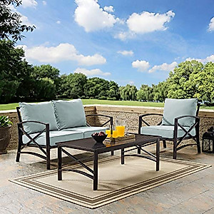 Crosley Furniture Kaplan 3-Piece Outdoor Loveseat Patio Furniture Set, Conversation Sets for Porch, Deck, Oiled Bronze with Mist Cushions