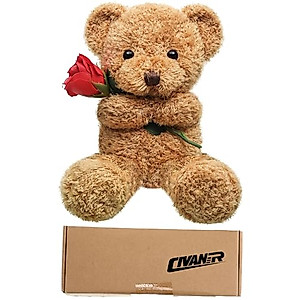 Civaner Valentine Plush Stuffed Animal Bear Gift with Rose Valentine Funny Cute Stuffed Animal Plush Gift for Girlfriend Valentine's Day, 11.8 Inches(Beige)