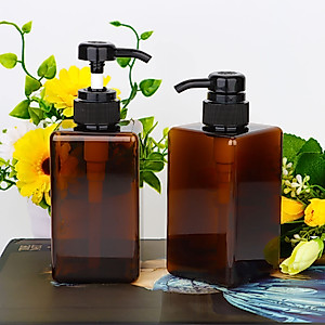 2 Pack 450ml/15.2oz Square Pump Bottle Dispenser Dulinkas Refillable Plastic Lotion Dispenser Empty Lotion Pump Bottle Liquid Container for Essential Oil Soap Lotion Shampoo Amber