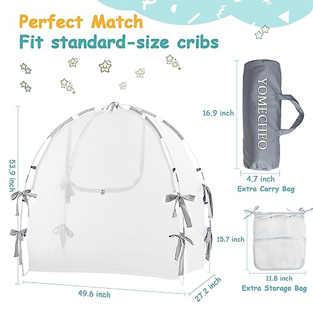 YOMECHEO Baby Crib Tent, Baby Safety Crib Tent to Keep Baby from Climbing Out and Falling, Crib Net to Keep Baby in，Baby Crib Cover Against Cats, Easy Set Up with Stable Rods Structure and Snaps