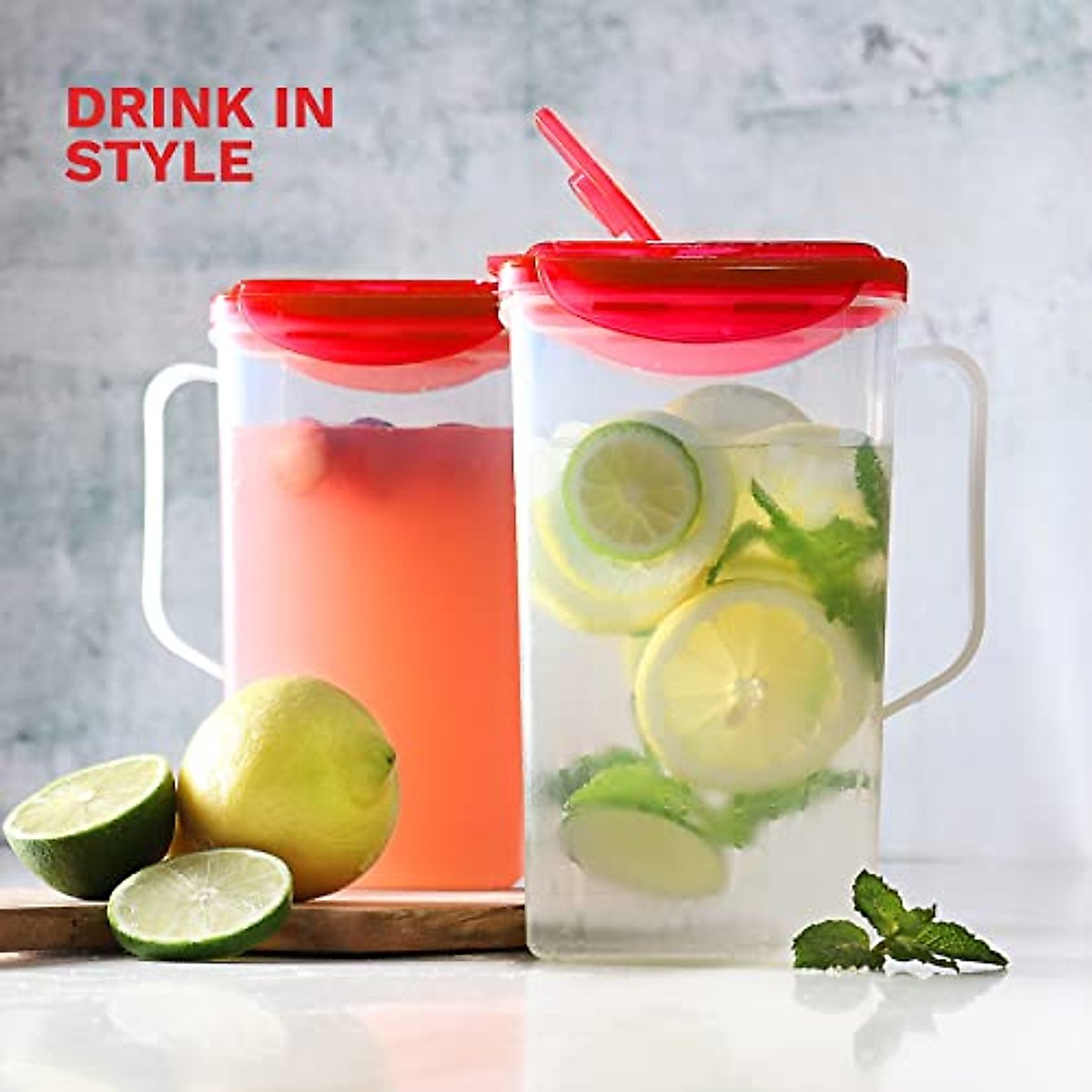 Pitcher 50 Oz. | Plastic Pitcher with Lid | Jug for Fridge | Juice Container with Lid | Iced Tea Pitcher | Airtight Pitcher with Spout Perfect for Lemonade, Water. BPA Free, Red (Small))