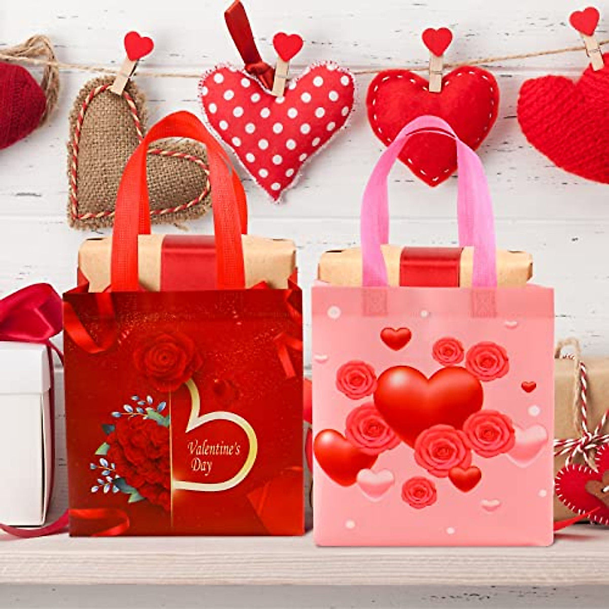Valentines Day Gift Bags Reusable Shopping Bag Heart Rose Valentine Tote Bag Non Woven Treat Bags with Handles for Valentine's Day Wedding Party Supplies Gifts Wrapping, 9 x 8.7 x 4 Inch (16 Pieces)