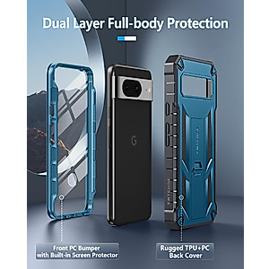FNTCASE for Google Pixel 8 Case: Military Grade Shockproof Rugged Protective Phone Cover with Kickstand, Belt-Clip Holster & Extra Front Frame, Heavy Duty Hard Pixel 8 Cell Phone Cases 5G (Blue)
