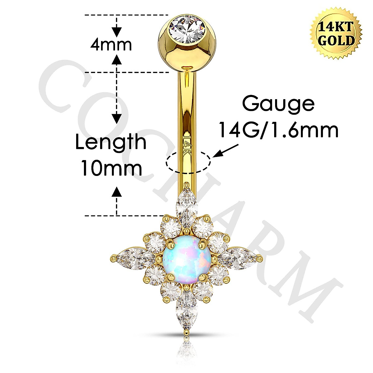 COCHARM 14k Gold Star Belly Rings 14g Diamond and Opal Solid Gold Belly Button Ring Barbell for Women