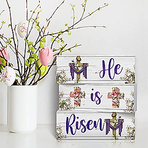 He is Risen Easter Decor Easter Wooden Cross Signs Floral Printed Easter Tiered Tray Signs Religious Tabletop Easter Decorations Spring Table Centerpieces for Home Office (Cross)