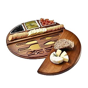 Shanik Upgraded Cheese Cutting Board Set, Acacia Wood Charcuterie Board Set, Cheese Serving Platter, Cheese Board and Utensil Set, 3 Knives, Ceramic Bowls - Gift for Any Occasion