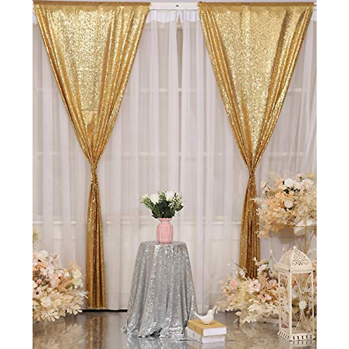 Poise3EHome Gold Sequin Backdrop Curtains, 2 Panels Gold Sequin Backdrop, 2FTx8FT Sequin Curtains for Party Wedding Sequence Backdrop