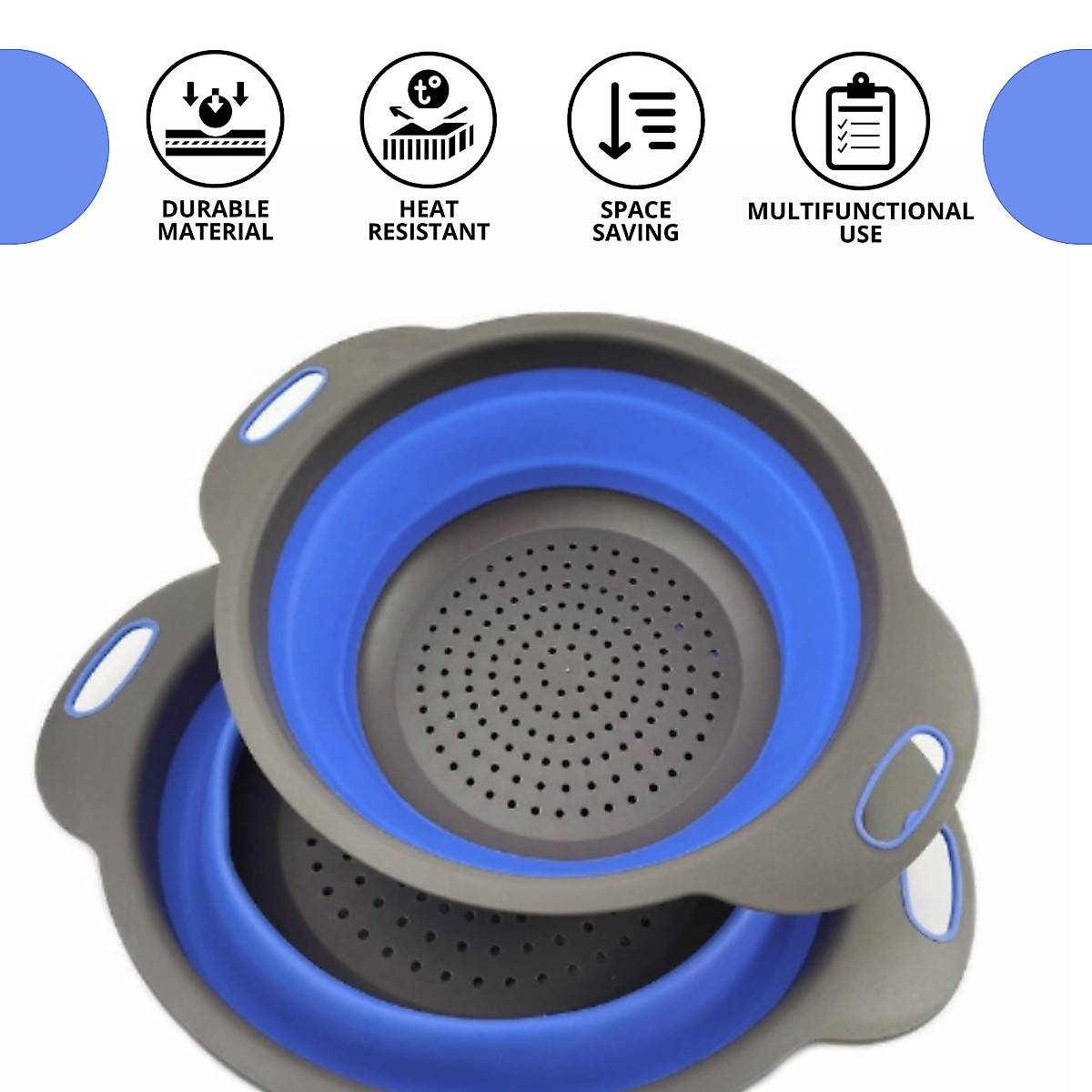 Round Silicone Blue Colander Collapsible – Foldable Kitchen Strainer Small Collapsible Colander Blue with Plastic Handles for Draining Vegetable and Fruit Round Silicone Kitchen Strainer for Pasta