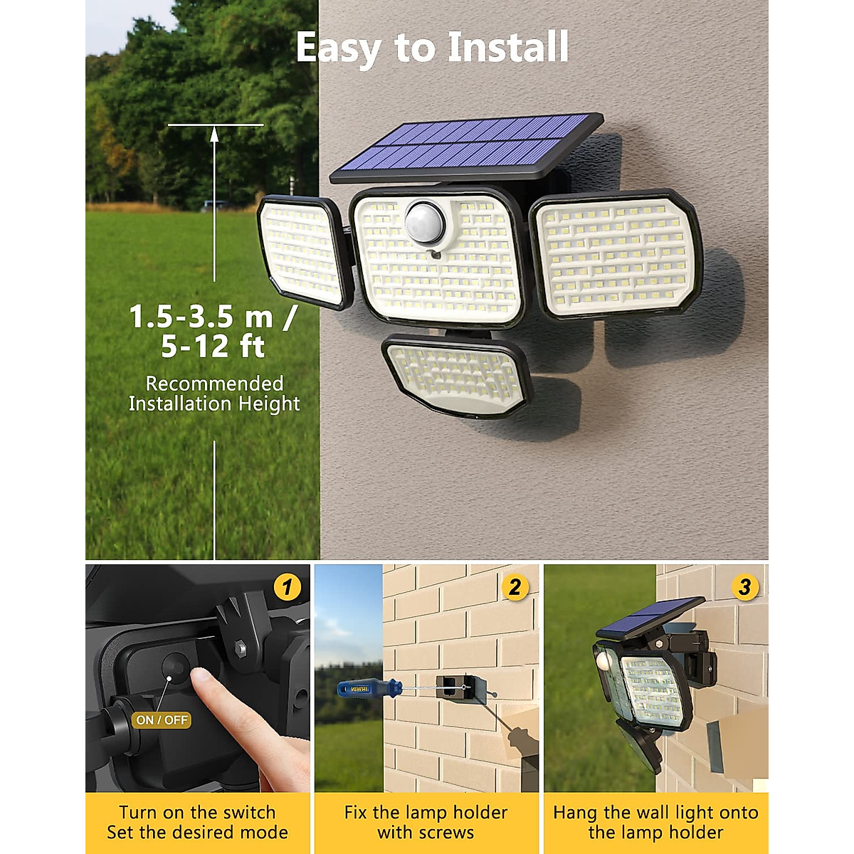 Solar Lights Outdoor Motion Sensor, 286 LED 3000 LM Solar Security Lights with Remote Control, IP65 Waterproof,4 Heads Solar Flood Lights with 3 Modes for Front Door Backyard Garage Deck