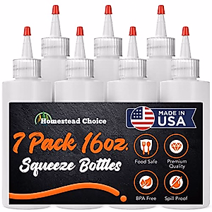 7-pack Plastic Condiment Squeeze Bottles - 16 Ounce with Red Tip Cap - Made in USA - Perfect for Ketchup, BBQ, Sauces, Syrup, Condiments, Dressings, Arts and Crafts