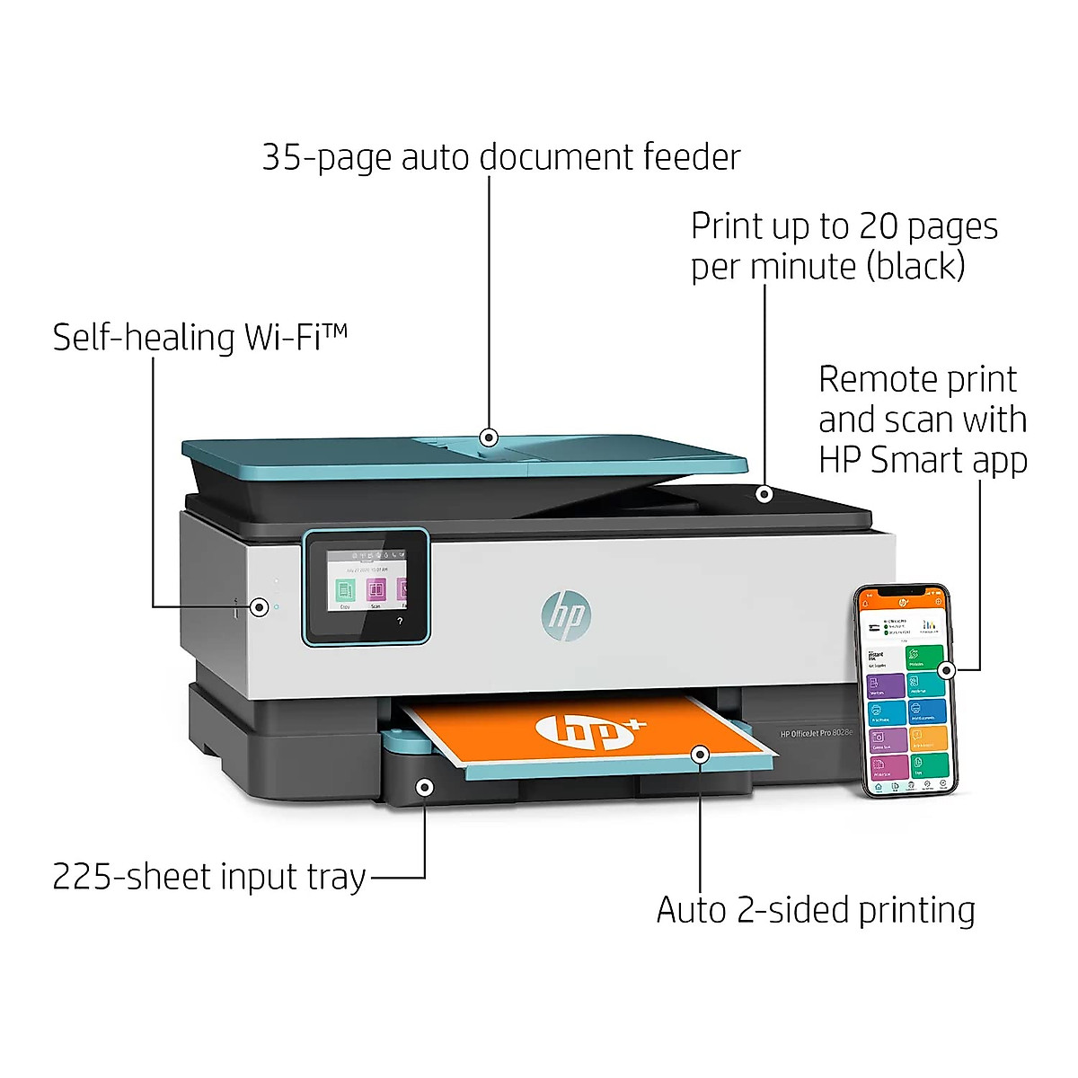 HP OfficeJet Pro 8028e All-in-One Wireless Color Inkjet Printer, Print Copy Scan Fax, Auto 2-Sided Printing, 20 ppm, 2.7" Color Touchscreen, Self-Healing Wi-Fi, W/MD Cable