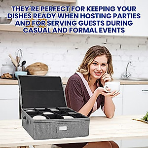 China Storage Containers for Mugs and Cups | 12 Slot Teacup Storage with Lid and Handles | Hard Fabric China Chest and Storage Box for Moving, Coffee