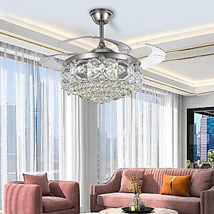 Clody 42''Luxury Crystal Fandelier Ceiling Fan with Lights Modern Chandelier Ceiling Fans with 3 Color LED Panel 3 Speed Quiet Motor Retractable and Reversible Blades Fan for Indoor