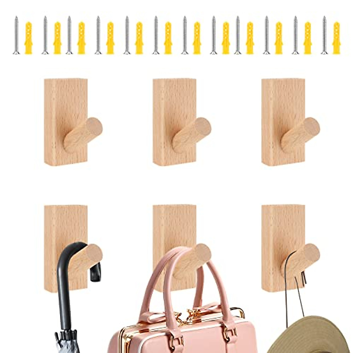 Laelr 6 Pack Wood Wall Hooks Wood Coat Hooks Wall Mounted Rustic Wooden Wall Hooks with 12 Screws Heavy Duty Wall Hanger Robe Hook for Hanging Coats Backpacks Hats Scarf Clothes Towels Bags 11-22lbs