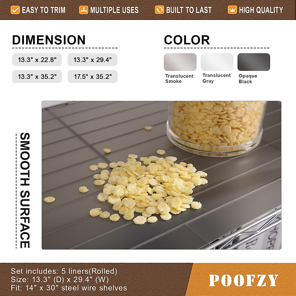 Poofzy Shelf Liners for Wire Shelving, 14 x 36 Inch Shelf Liner for Kitchen Cabinets Non-Adhesive (Rolled 5PK, Grey)