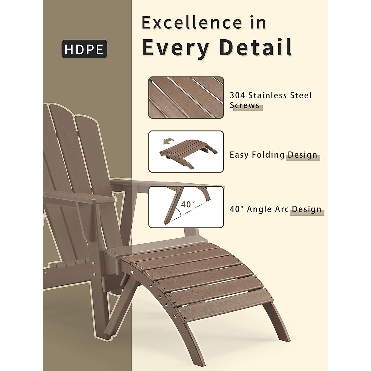 BUPPLEE Folding Adirondack Ottoman for Adirondack Chair, HDPE All Weather Outdoor Footrest Poly Lumber Adirondack Footstool for Patio, Backyard, Garden, Easy to Assemble & Storage - Teak