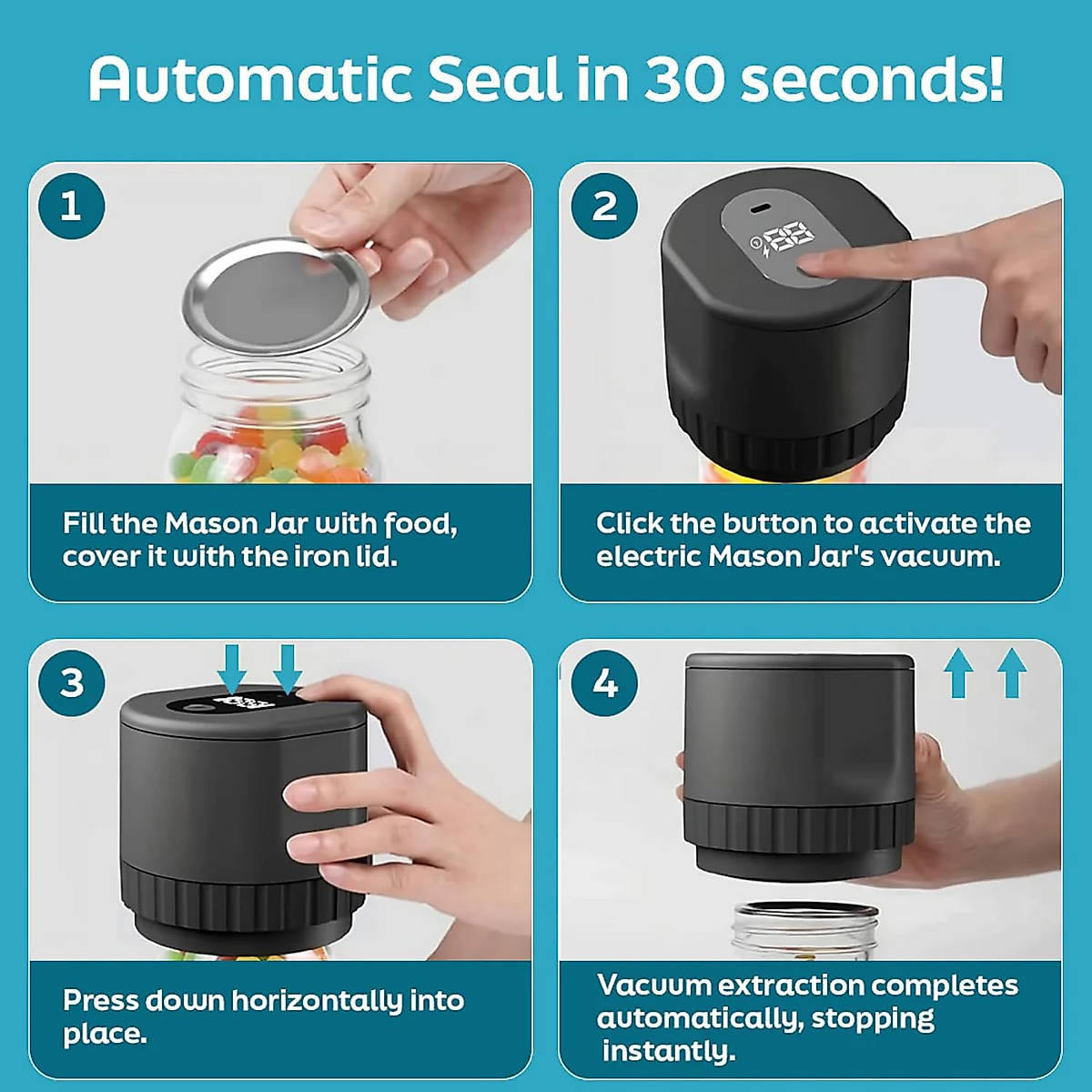 Bolisiya Everjar Mason Jar Vacuum, Ever Jar Vacuum Sealer, Mason Jar Vacuum Sealer, Automatic Cordless Can Sealer Kit, for Wide and Regular Mouth Jars (Mix*2)