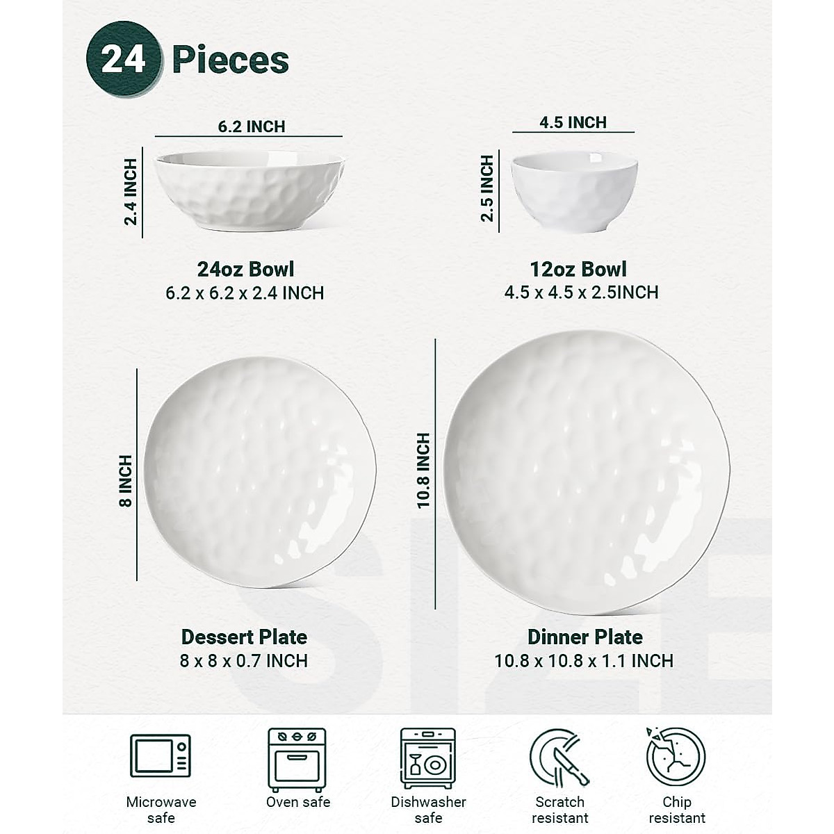 HOMBENE Plates and Bowls Sets, 24 Piece Dinnerware Sets, Porcelain Dinner Set with Plates, Dishes, Bowls, Modern Dish Set for 6