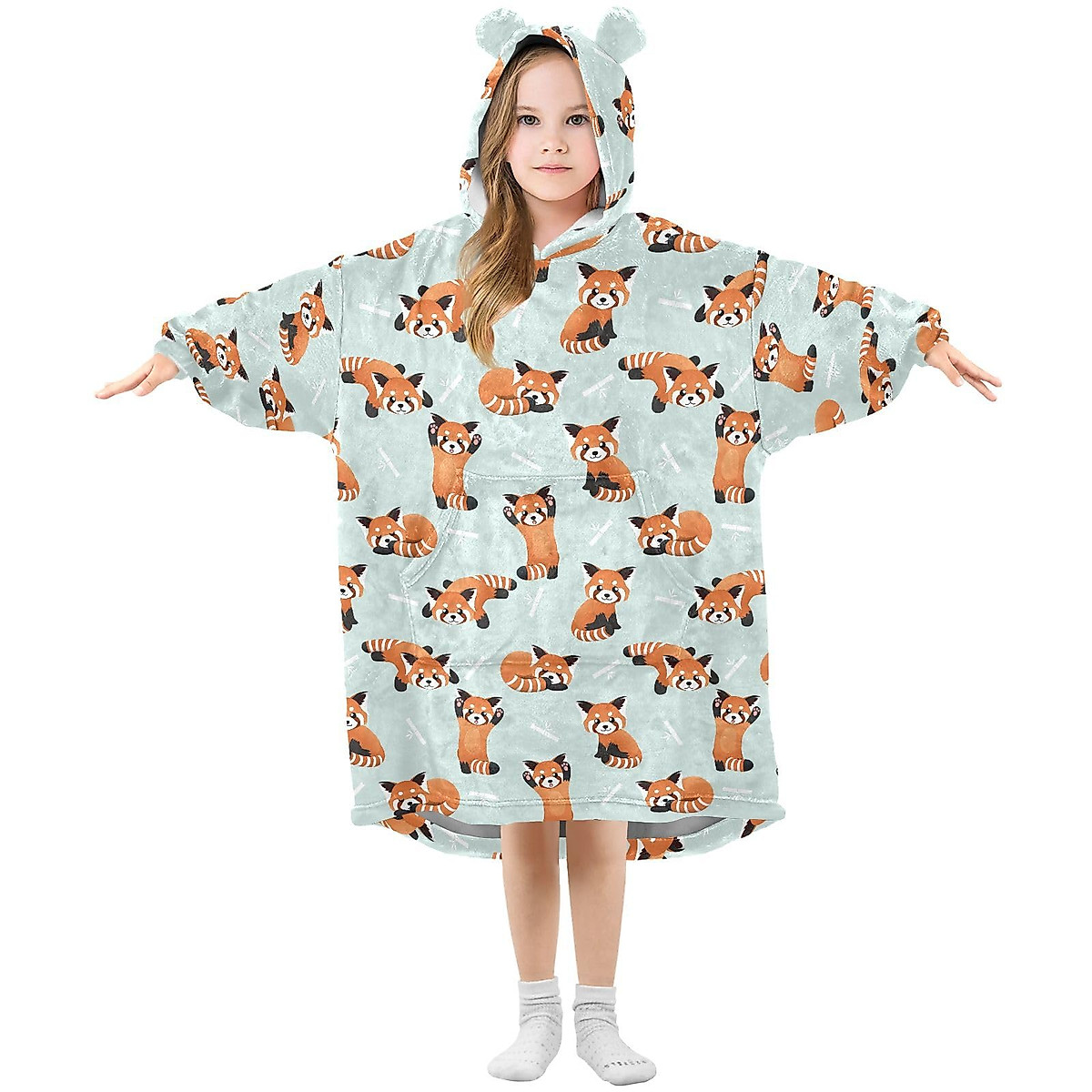 JHKKU Cute Red Panda Wearable Blankets for Kids, Oversized Flannel Blanket Hoodie for Kids, Warm Blanket Hoodie for Boys Girls with Pockets
