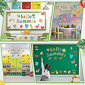 46 Pcs Hello Summer Cutouts Summer Bulletin Board Set Hawaii Ice Cream Watermelon Palm Tree DIY Paper Cutouts Wall Decals Beach Party Decorations for Classroom Kindergarten Party Supplies