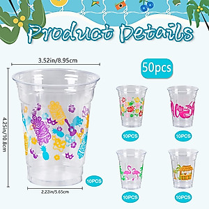 GuassLee 50 Luau Cups for Hawaiian Luau Party Decorations, 12 OZ Tiki Tropical Plastic Disposable Cups for Pool Flamingo Tiki Birthday Party Decor Supplies