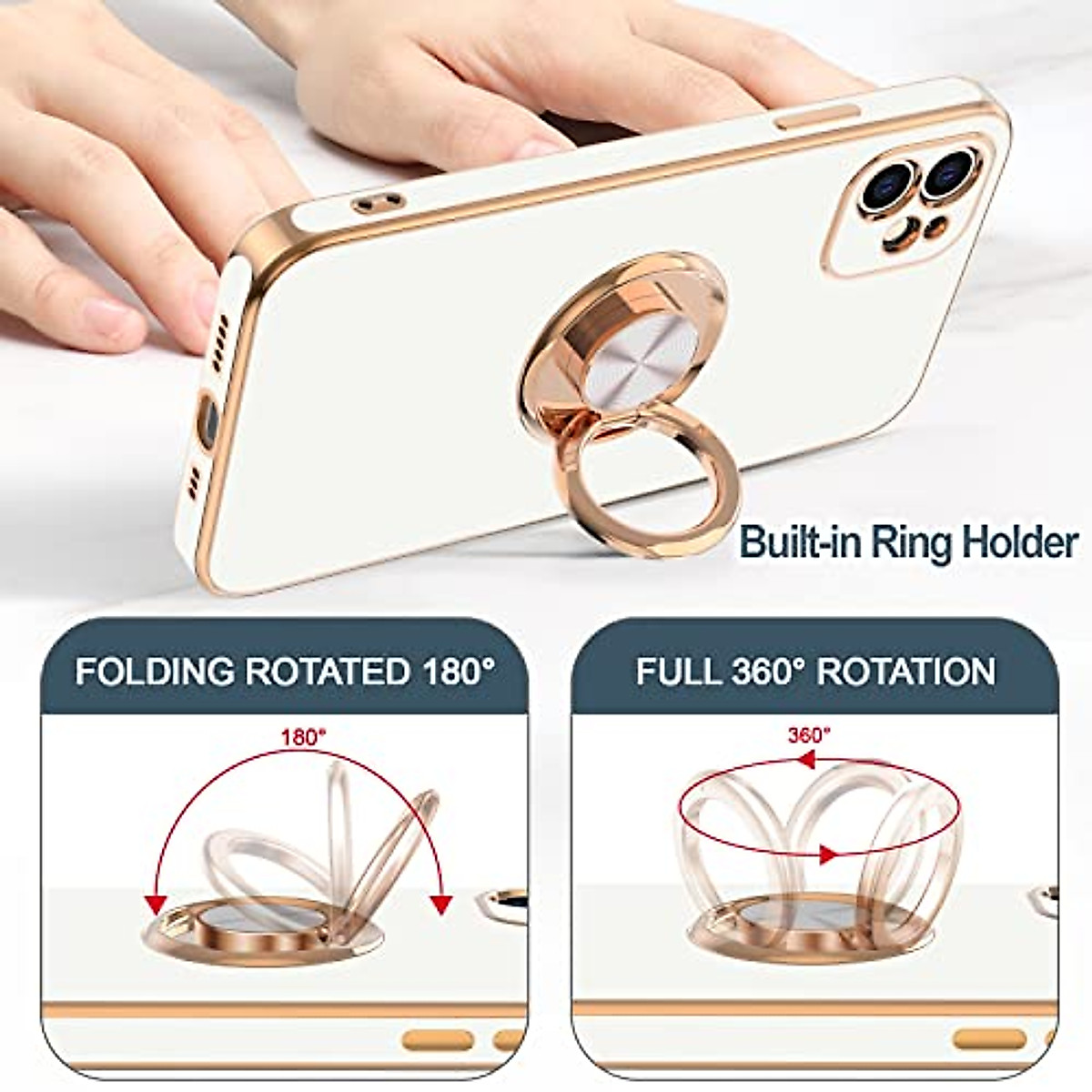 Hython Case for iPhone 12 Case with Ring Stand [360° Rotatable Ring Holder Magnetic Kickstand] [Soft Microfiber Lining] Plating Rose Gold Edge Shockproof Protective Phone Cases Cover for Women, White
