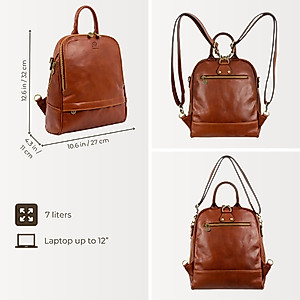 Time Resistance Leather Backpack Convertible to Shoulder Bag Full Grain Real Leather Travel Versatile Bag (Cognac)