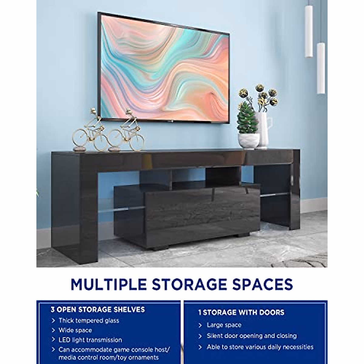 LED TV Stand for 70 Inch TV, Entertainment Center with Storage, Tall Black Modern 65 60 55 50 Stands Living Room