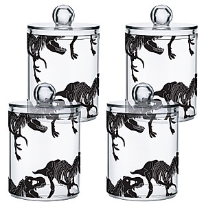 GOODOLD Dinosaur Silhouette Black Qtip Holder 4 Pack - 10 Oz Clear Plastic Apothecary Jar Set for Bathroom Organization - Versatile Canister Storage for Cotton Balls, Swabs, Rounds