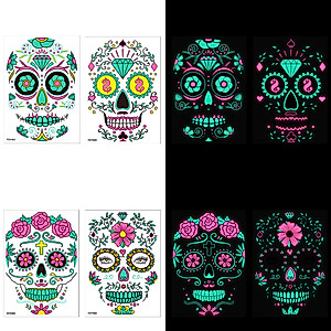 4 Sheets Halloween Temporary Face Tattoos Luminous Glow in the Dark Tattoos Waterproof Floral Day of the Dead Sugar Skull Face Stickers UV Neon Mask Tattoo for Halloween Masquerade Party