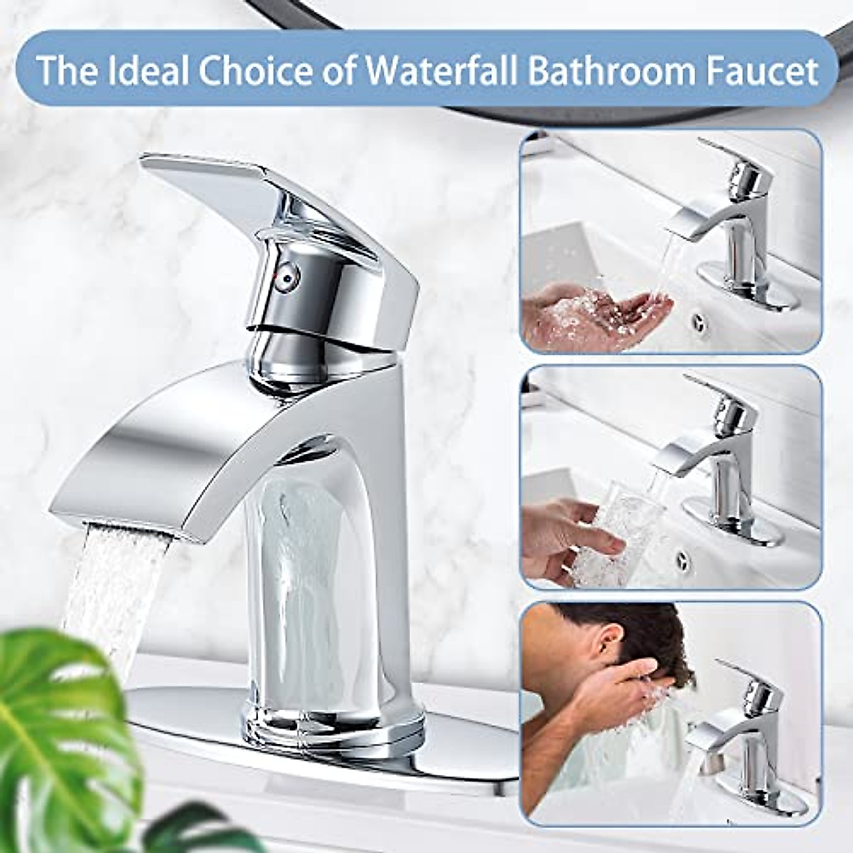 Solepearl Waterfall Bathroom Faucet Chrome, Modern Single Handle Single Hole Bathroom Sink Faucet Flat Spout, 1 or 3 Holes Lavatory Basin Vanity Commercial Solid Brass Faucet with Deck Plate