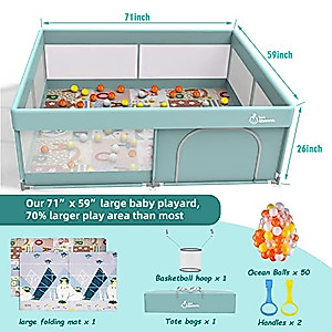 Baby Playpen with Mat,Playpen for Babies and Toddlers,71”x59”Extra Large Baby Playpen,Sturdy Safety Indoor & Outdoor Kids Activity Play Center with Anti-Slip Suckers and Zipper Gate.