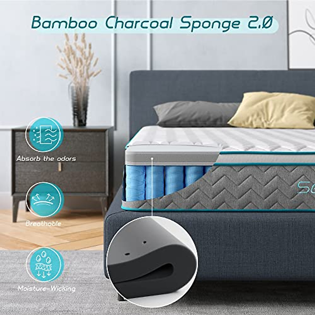 Serweet 8 Inch Bamboo Charcoal Memory Foam Hybrid Full Mattress - 5-Zone Pocket Innersprings for Motion Isolation -Heavier Coils for Durable Support -Medium Firm -Made in Century-Old Factory