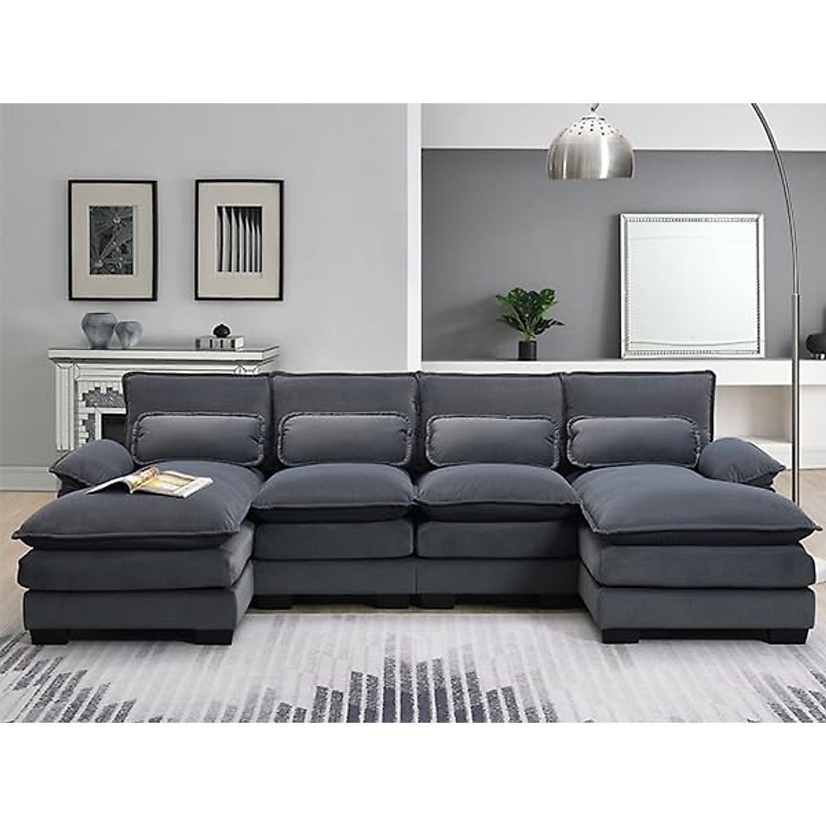 GNIXUU 109.8“ Sectional Sofa Cloud Couch for Living Room, Modern Velvet Large Overstuffed U Shaped Couch, Comfy Modular Sofa Sleeper with Double Chaise & Cushions(Gray)