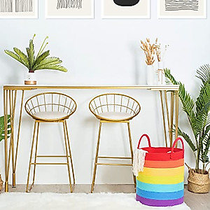 MINTWOOD Design Large Decorative Woven Cotton Rope Basket, Tall Laundry Basket Hamper, Blanket Basket for Living Room, Storage Baskets for Toys, Towel, Throw, Pillow, 60L Rainbow