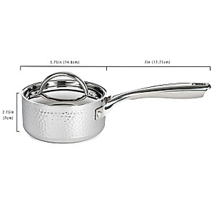 BergHOFF Vintage Tri-Ply 18/10 Stainless Steel Saucepan 5.5in 1qt. With Matching Lid, Hammered, Long and Ergonomic Shaped Handle, Induction Cooktop, Silver