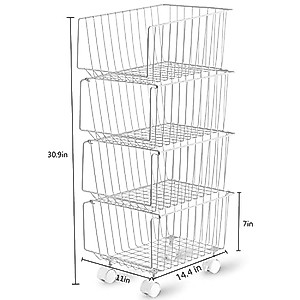 Rolling Stackable Storage Bin, Modern 4 Tiers Basket with Lockable Casters, Utility Storage Organizer for Kitchen, Pantry, Closets, Bedrooms(Gray)