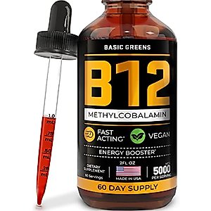 BASIC GREENS Vitamin B12 Sublingual (Vegan) 2 Fl Oz - Methylcobalamin B12 Vitamins 5000 mcg, B12 Liquid, Liquid B12, B12 Drops, Methyl B12, Cherry Flavor