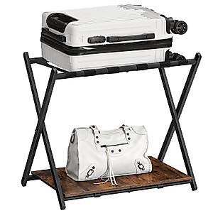 HOOBRO Folding Luggage Rack, Suitcase Stand Holder with Wooden Storage Shelf, Holds up to 110 lb, 27.2 x 15.7 x 24 Inches, for Guest Room, Bedroom, Closet, Hotel, Rustic Brown and Black BF68XL01G1