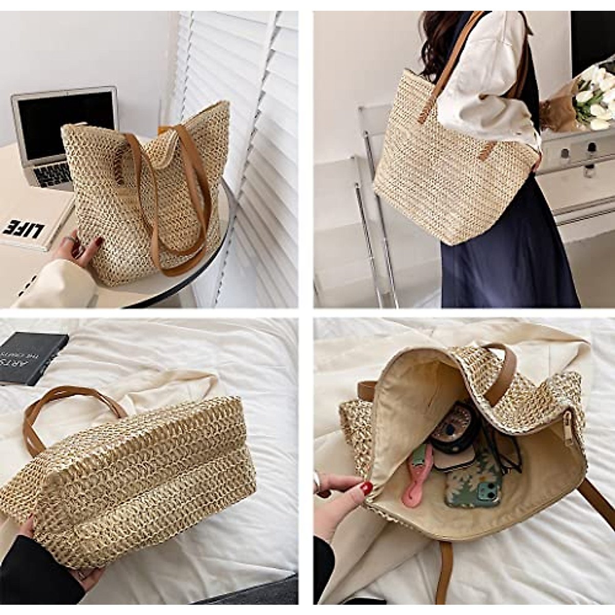 Large Straw Beach Bag for Womens, Straw Handbag Woven Tote Bag With Zipper Summer Straw Shoulder Bag (Beige)
