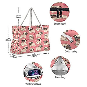 ALAZA Cartoon Pug Puppy Dog Tote Bag Beach Large Bag Rope Handles for Shopping Groceries Travel Outdoors