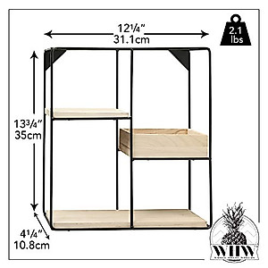 Modernist Industrial Chic Floating Box Shelf Unit, Wall Mounted, Black Iron, Includes 2 Flat Shelves, 1 Bin, Clear Finished, Solid Wood, Black Iron, 4.25 L x 12.25 W x 13.75 H Inches