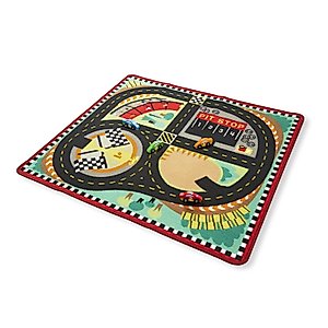 Melissa & Doug Round the Speedway Race Track Rug With 4 Race Cars (39 x 36 inches) , Black