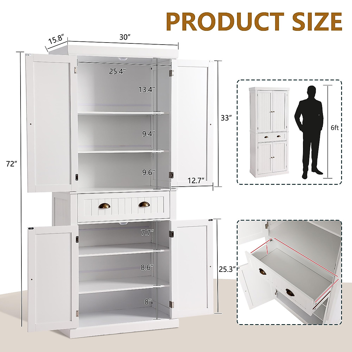 LOUVIXA 72" Kitchen Pantry Storage Cabinet, Freestanding Cupboard with 2 Cabinets, Drawer and Adjustable Shelves, Tall Storage Cabinet for Kitchen, Dinning Room, Living Room (White)