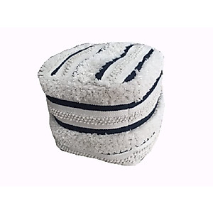 Outdoor Collection Modern Boho Farmhouse Navy Blue Off White Woven Outdoor Pouf Ottoman Outdoor Patio Accent Decor Furniture Footstool, Blue, Ivory