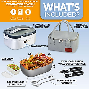 FORABEST Upgraded Electric Lunch Box for Adults, Durable Leakproof Design with Power Button & Large Utensils, 80W Fast Heated Lunch Box, 12/24/110/220V Portable Food Warmer with Premium Carry Bag