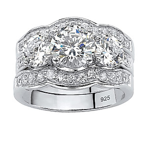 PalmBeach Sterling Silver Round Cubic Zirconia 3 Piece Scalloped Bridal Ring Set Sizes 6-10 Size 10